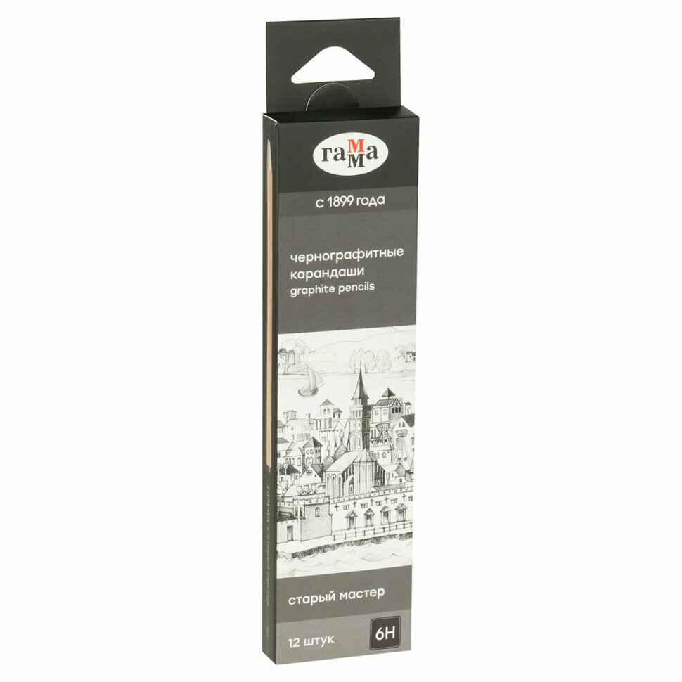 Карандаш ч/г Гамма "Старый мастер", 6H, заточен, 12 штук, 353374