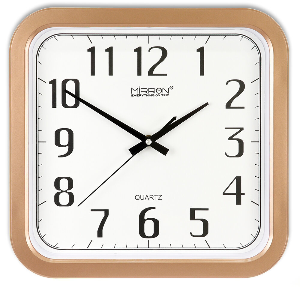Настенные кварцевые часы MIRRON P2552A ЗБ/Большие квадратные часы/Белый (светлый) циферблат/Золотой цвет корпуса/Часы в подарок/Бесшумные кварцевые часы