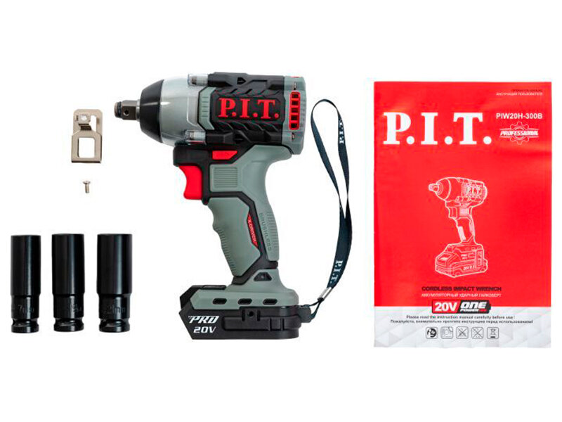 Гайковерт аккумуляторный P.I.T. ударный, бесщеточный PIW20H-300B SOLO 20 В, 300 Нм, квадрат 1/2 и шестигран. коробка