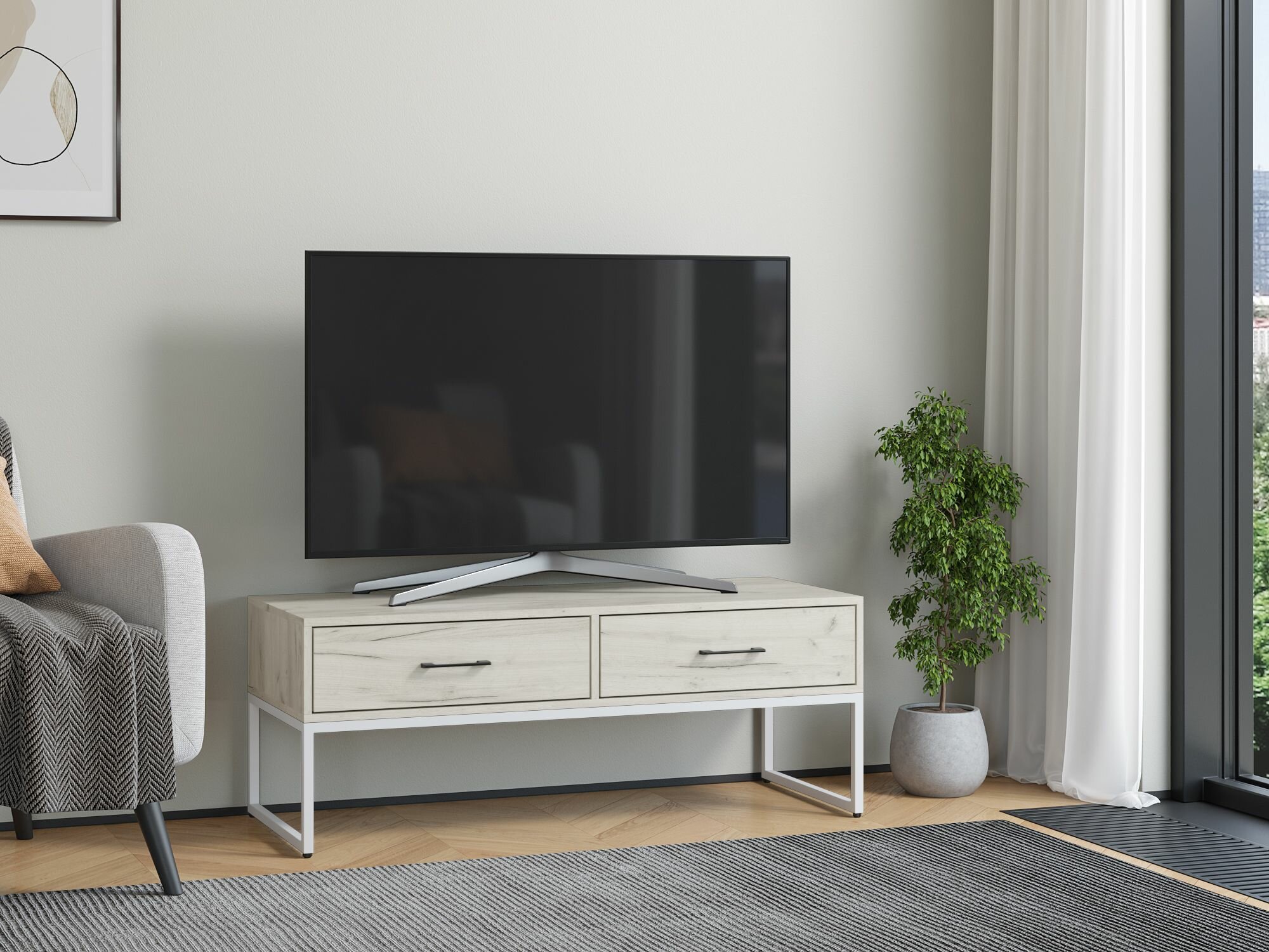 Тумба под ТВ Айсберг Лофт 120 с ящиками Белый/дуб крафт белый