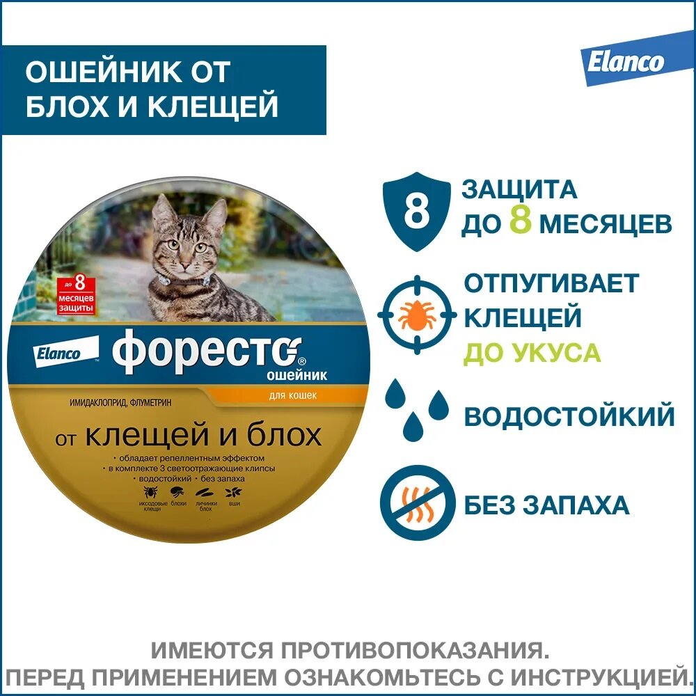 Форесто Ошейник для кошек от клещей, блох и вшей, защита 8 месяцев 38см (Байер) — фото 1