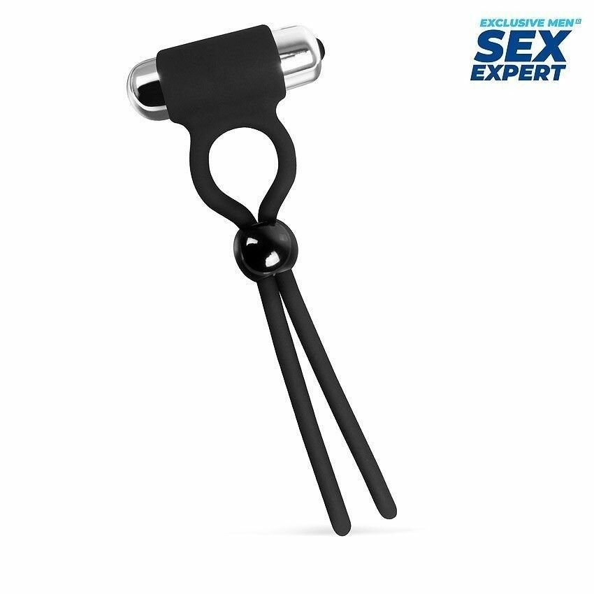 Черное силиконовое эрекционное кольцо-лассо с вибрацией "Sex Expert"