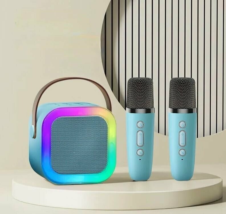 Караоке система с двумя беспроводными микрофонами и колонкой (Синий)
