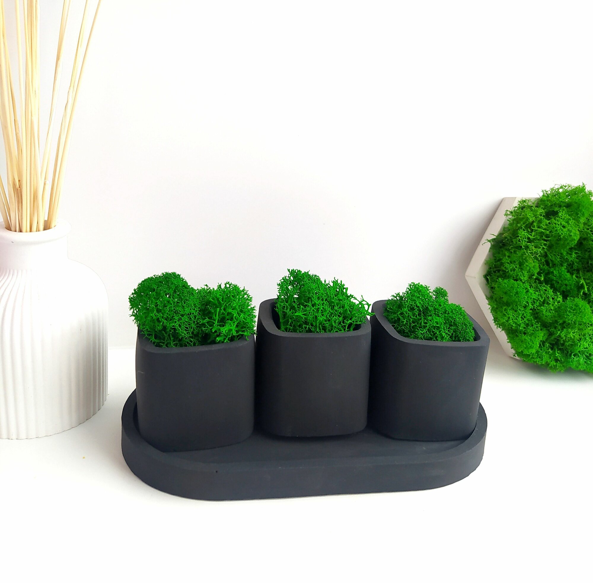 Кашпо со мхом из гипса, подсвечники 3 шт, поднос