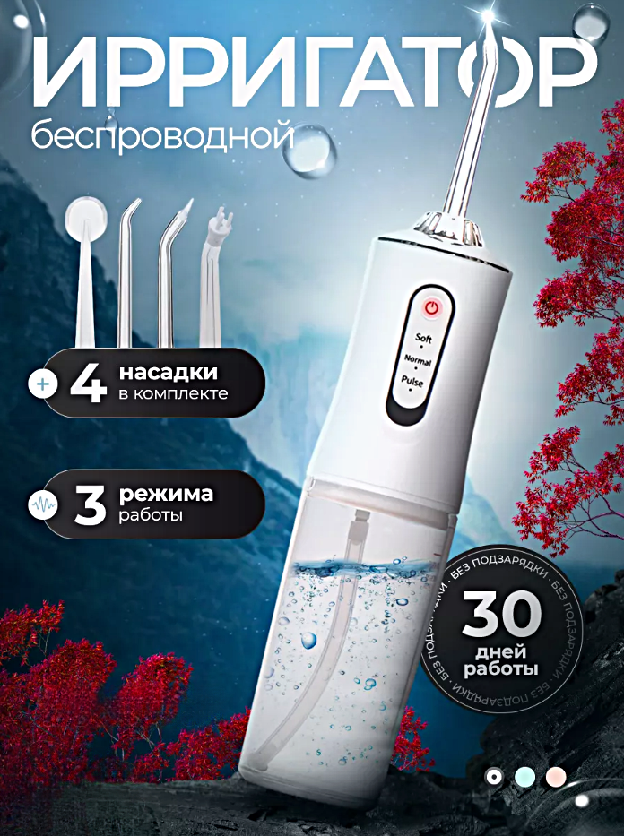 Ирригатор для полости рта и зубов, Портативный ирригатор для чистки зубов и языка, 4 сменные насадки, Белый