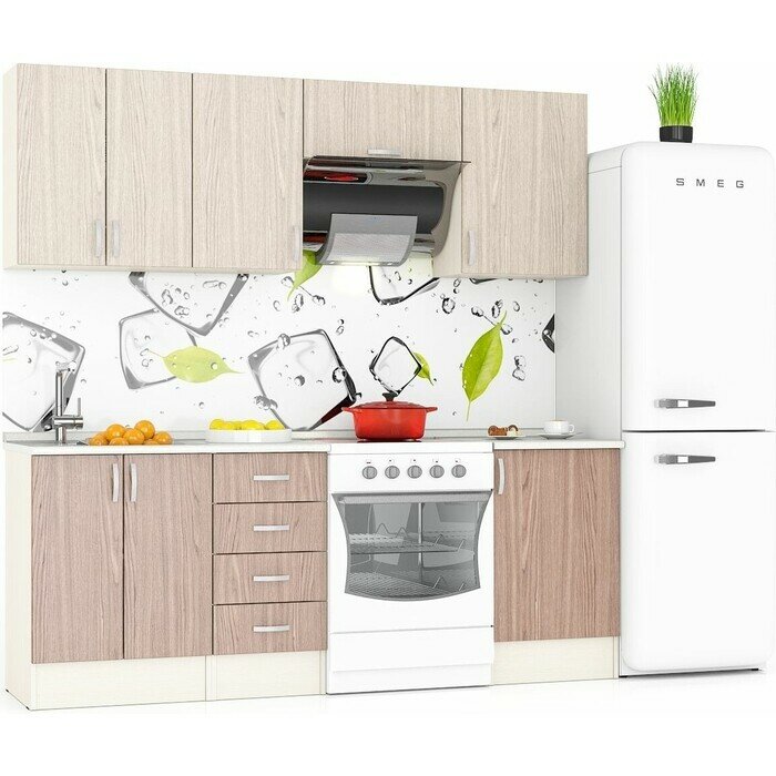 Кухня Мери 05 цвет ясень шимо светлый/ темный, столешница сахара белая ШхГхВ 210х30х67 см./150х60х85 см.