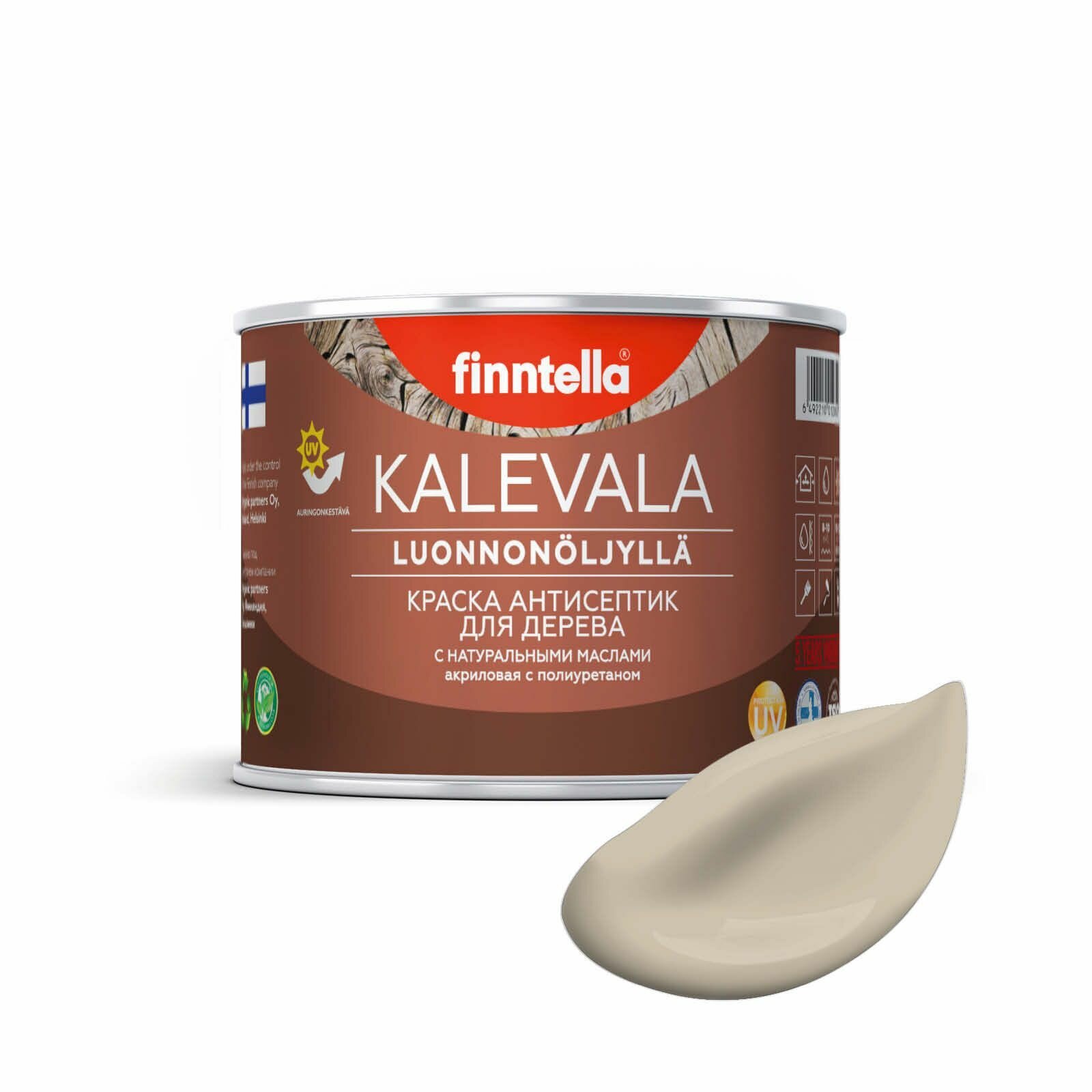Краска для дерева и деревянных фасадов FINNTELLA KALEVALA, с натуральным маслом и полиуретаном, цвет JOLIE (бежевый теплый) , 0,45л