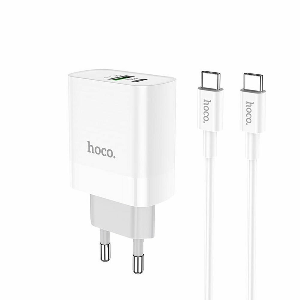 СЗУ HOCO C80A Rapido 1xUSB, 1xUSB-C, 3А, PD20W, QC3.0 + USB-C кабель Type-C, 1м (белый)