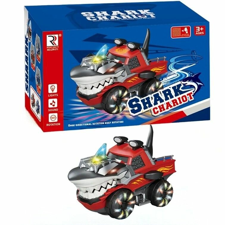 ZR171-красный Машинка игрушка интерактивная Акула со светом, звуком, с вращением на 360