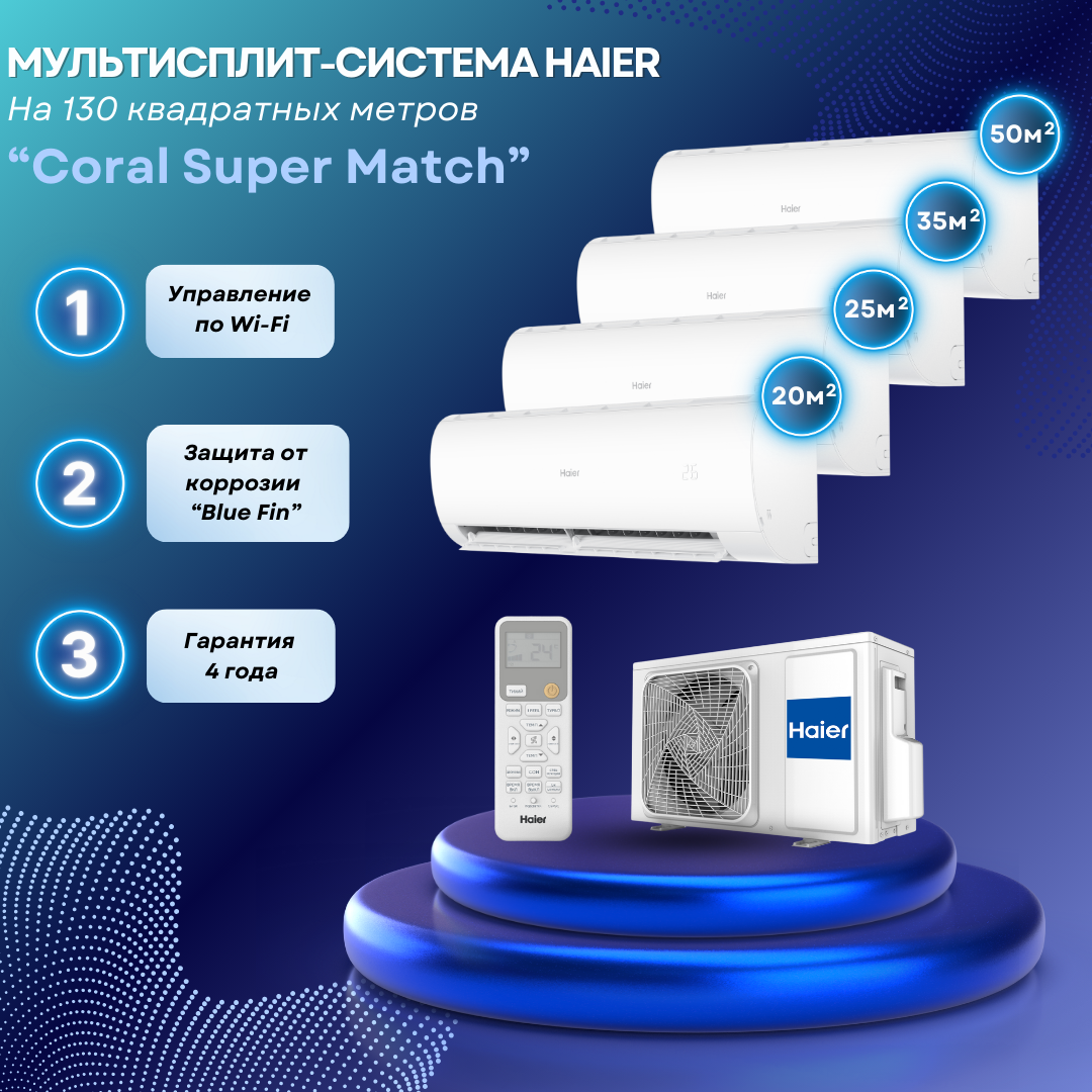Мультисплит-система Haier Coral Super Match AS20PS1HRA-M + AS25PS1HRA-M + AS35PS1HRA-M + AS50PS1HRA-M / 5U125S2SN1FA на 4 комнаты 20+25+35+50 м²
