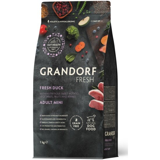 Корм сухой Grandorf Fresh , беззерновой с живыми пробиотиками, свежее мясо утки с бататом для собак мелких пород, 1 кг
