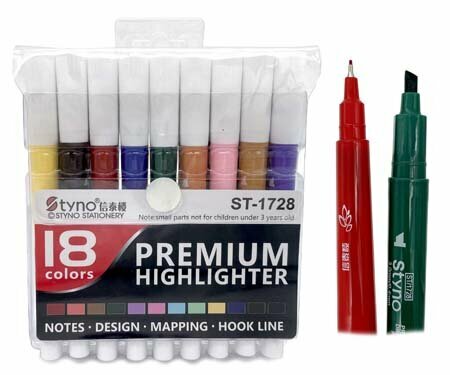 Маркер выделитель 18 цв. CN-32 Tyno 1-4мм, Двухсторонние (линер+скошенный) в упаковке ПВХ ST-1728