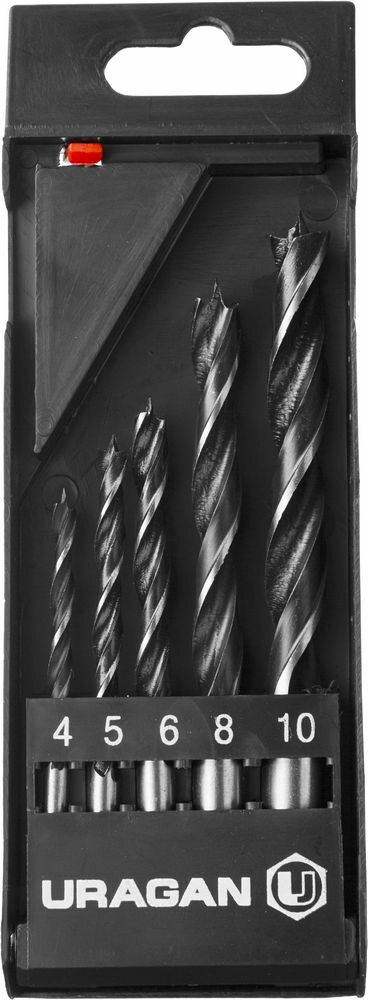 Набор спиральных сверл URAGAN, 4-5-6-8-10 мм, для дерева, 5 штук