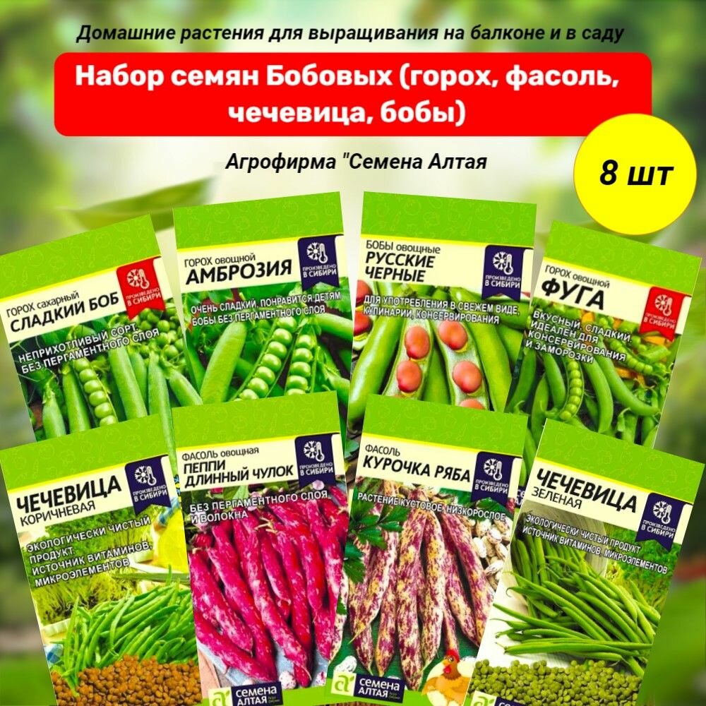 Семена бобовых (горох, фасоль, чечевица, бобы) для балкона и сада. Агрофирма "Семена Алтая". Набор семян 8 сортов