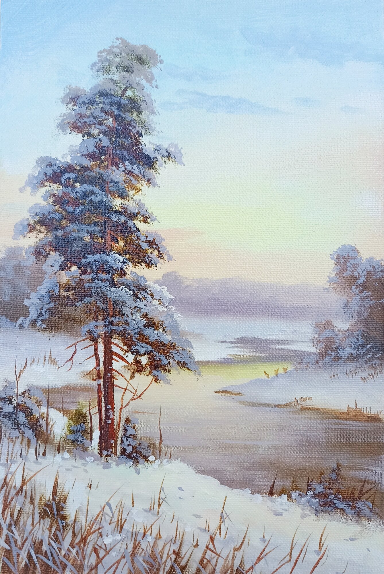 Картина масло/холст. 100% ручная работа, 100% живопись от Художественной мастерской Грëзы. Картина из серии "Зимние пейзажи". Речка. Сосна. Размер картины 20х30 см.