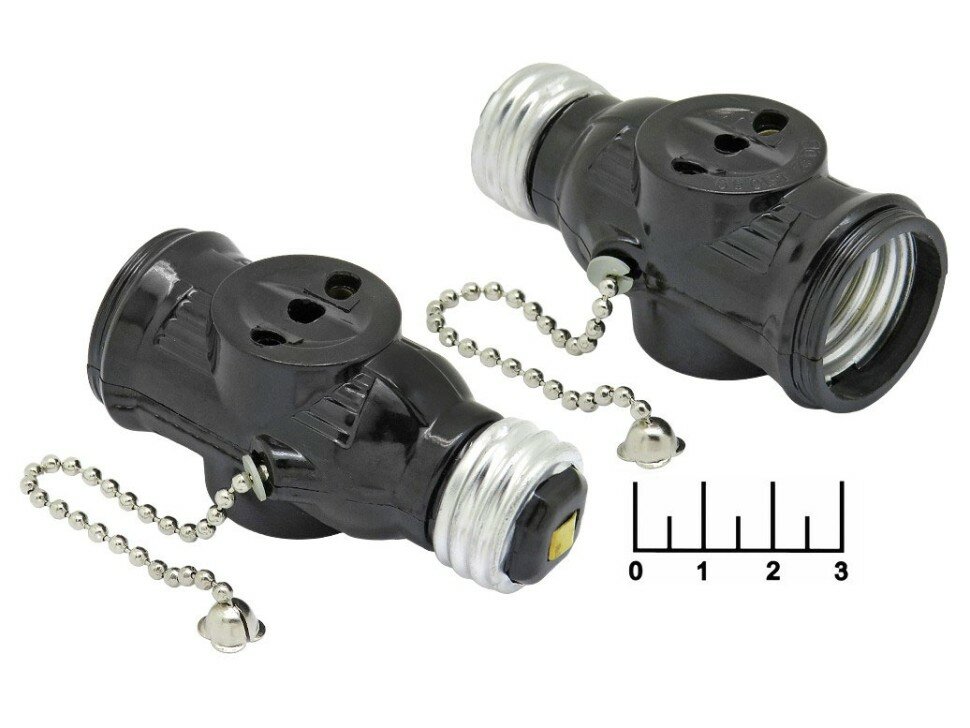 Патрон для лампы E27 с розеткой и цепочкой черный TDM (SQ0335-0026)