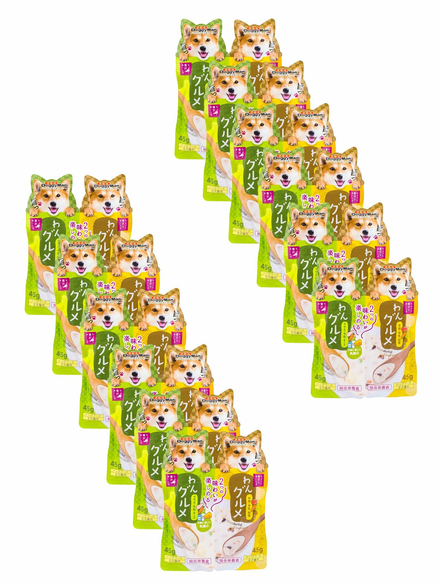 Корм для собак влажный Japan Premium Pet №1 Мясное пюре в сливочном соусе с японским трюфелем (мацутакэ) / №2 Мясное пюре в сливочном соусе с сыром. Серия "Паучи-Близняшки", 12 уп.