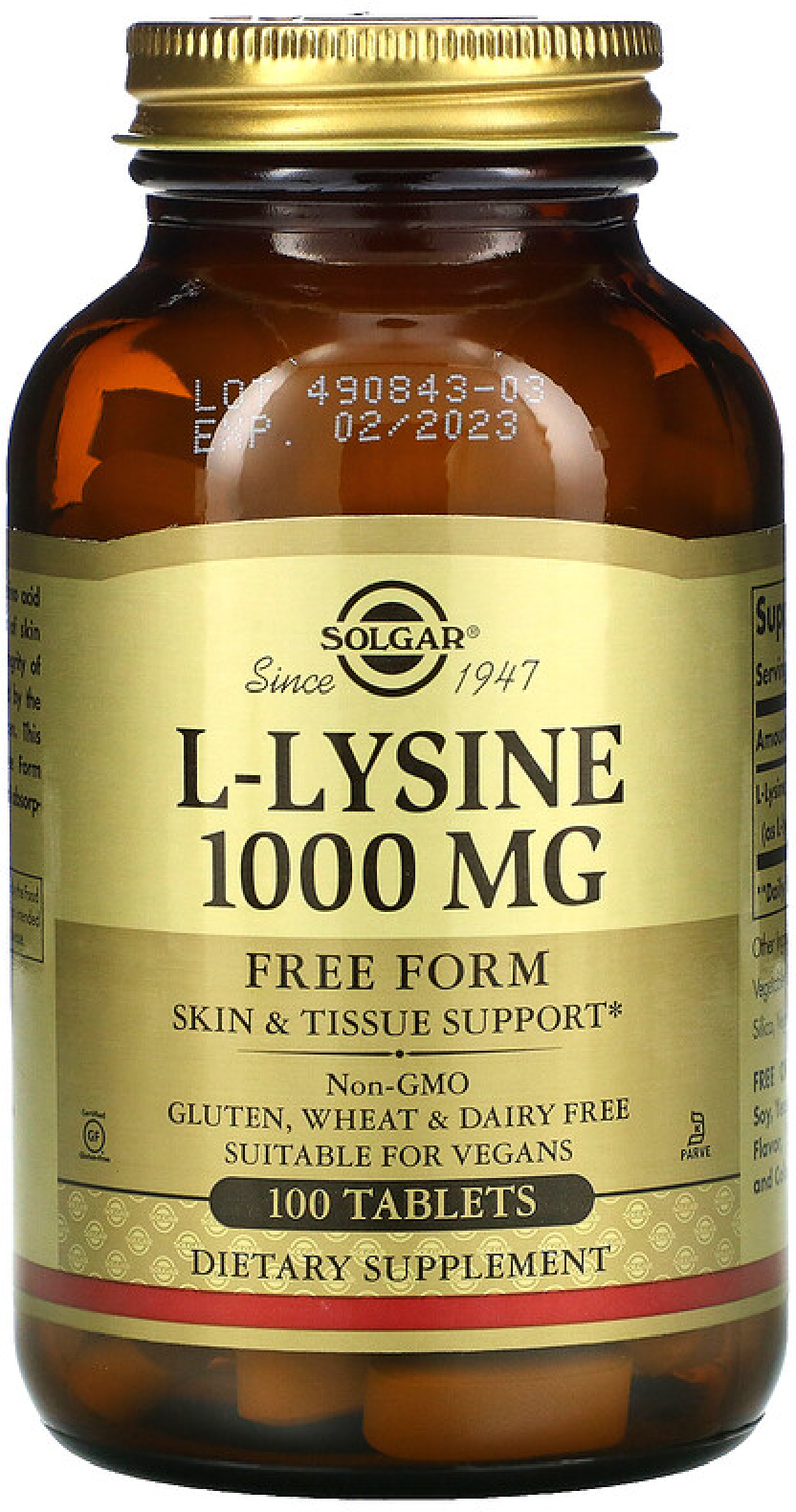 Solgar, L-Lysine, L-лизин, в свободной форме, 1000 мг, 100 таблеток