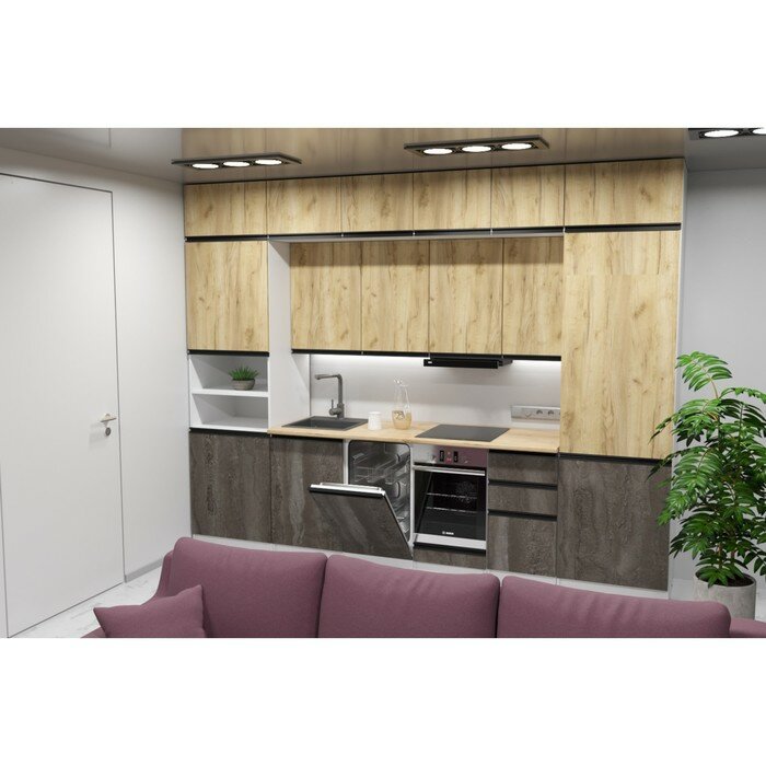 Кухня трёхуровневая под потолок «Сапфир 2 экстра», 3000×600 мм, цвет белый/дуб бунратти/дуб золотой/бетон тёмный