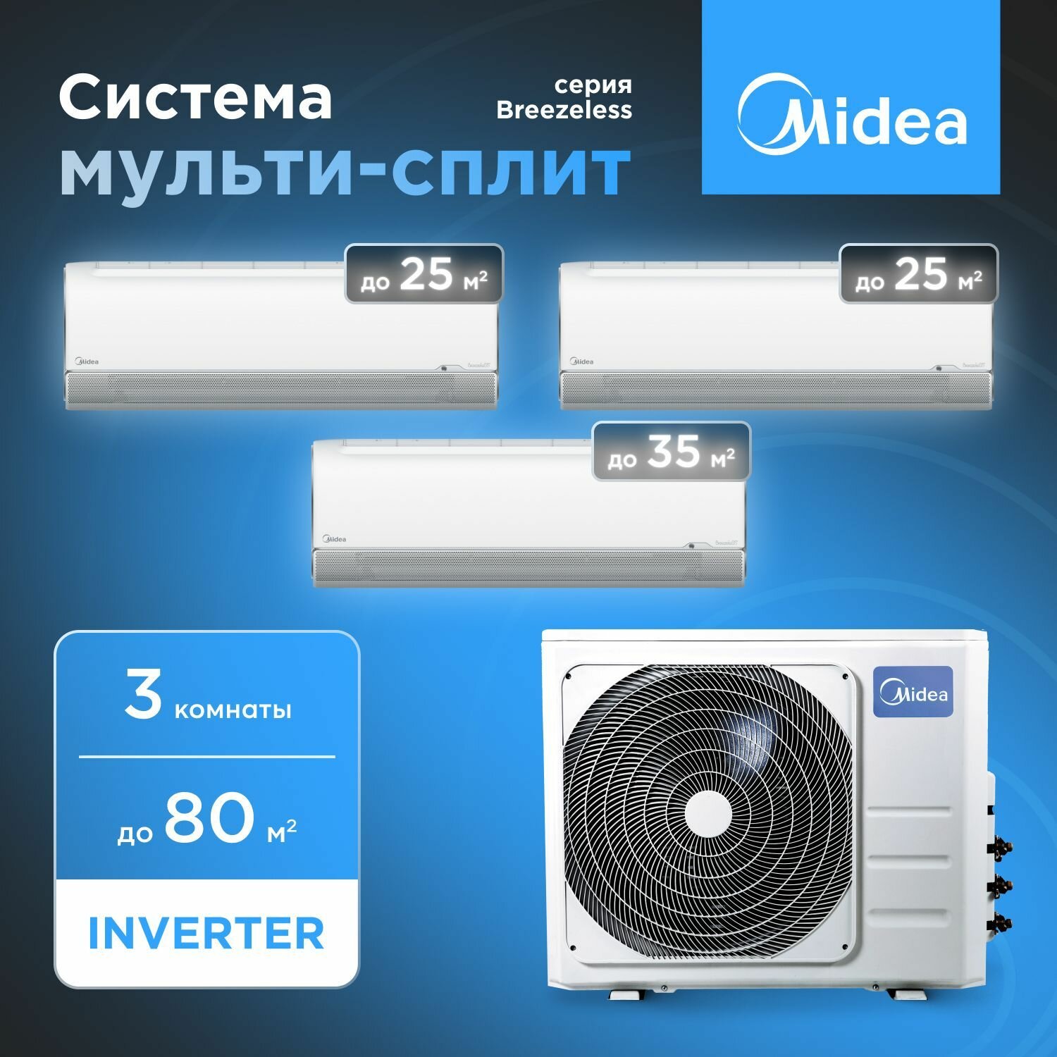 Мощная мульти сплит-система для 3х комнат Midea M3OA-27HFN8-Q1/MSFA2-09N8D6-I*2/MSFA2-12N8D6-I*1 (25 кв. м*2 + 35 кв. м)