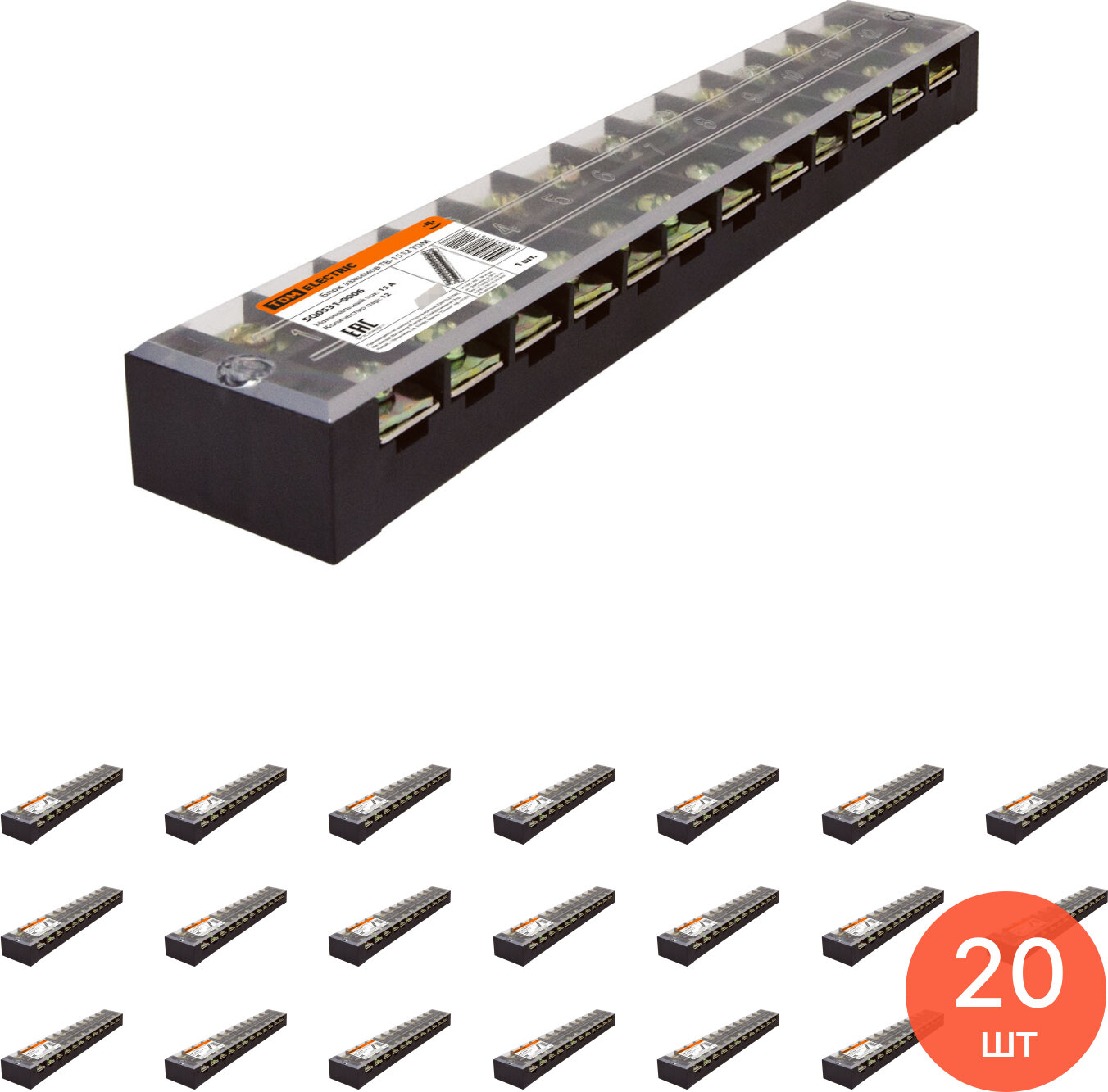 Блок зажимов TDM Electric / ТДМ Электрик ТВ-1512 колодка клеммная в корпусе из пластика черная, сечение 1.5мм2, 15А, 660В, 12 пар контактов / электрика (комплект из 20 шт)