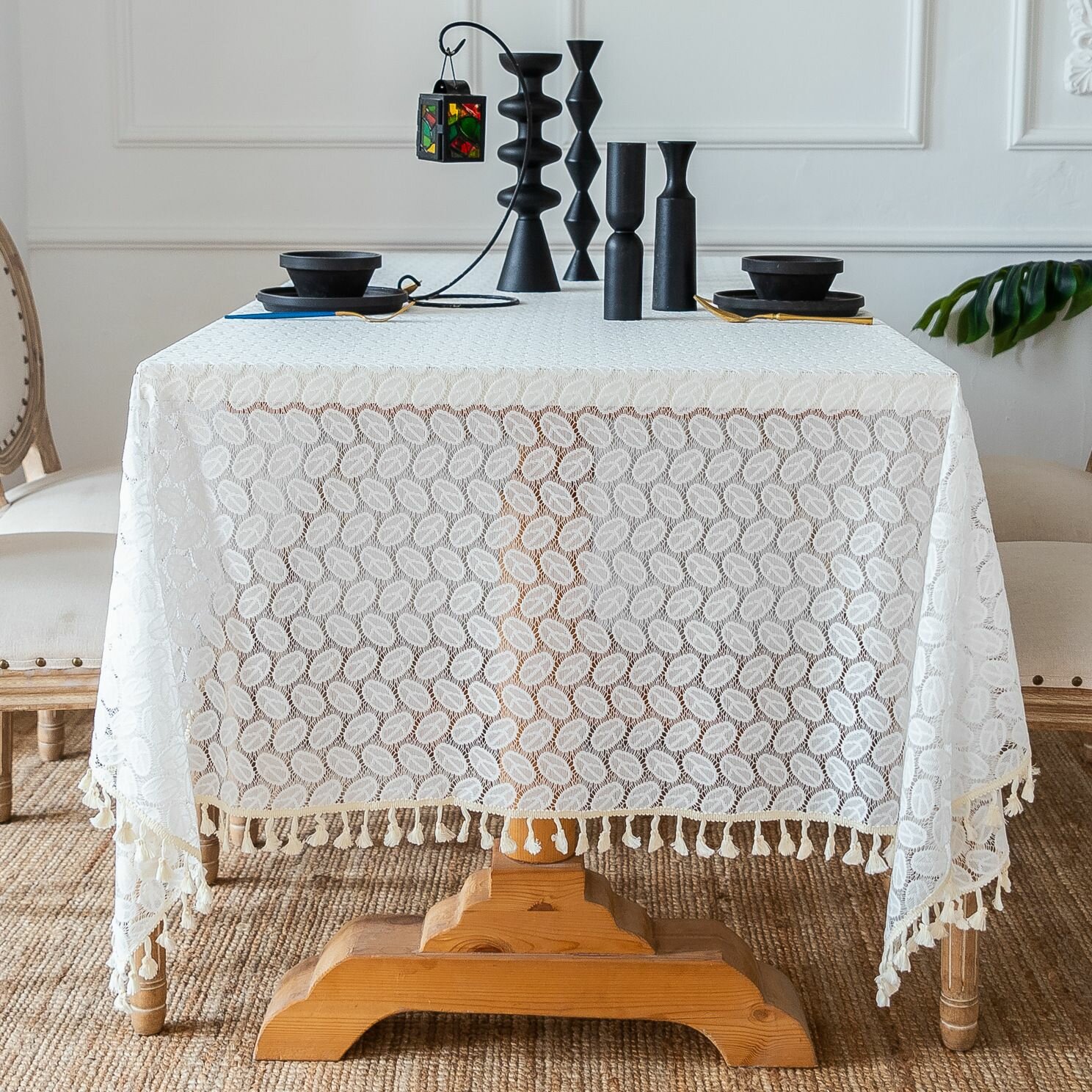 Скатерть белая ажурная прозрачная новогодняя на стол тканевая водоотталкивающая с белыми кружевами и бахромами 100*160cm ZB2402231 05U