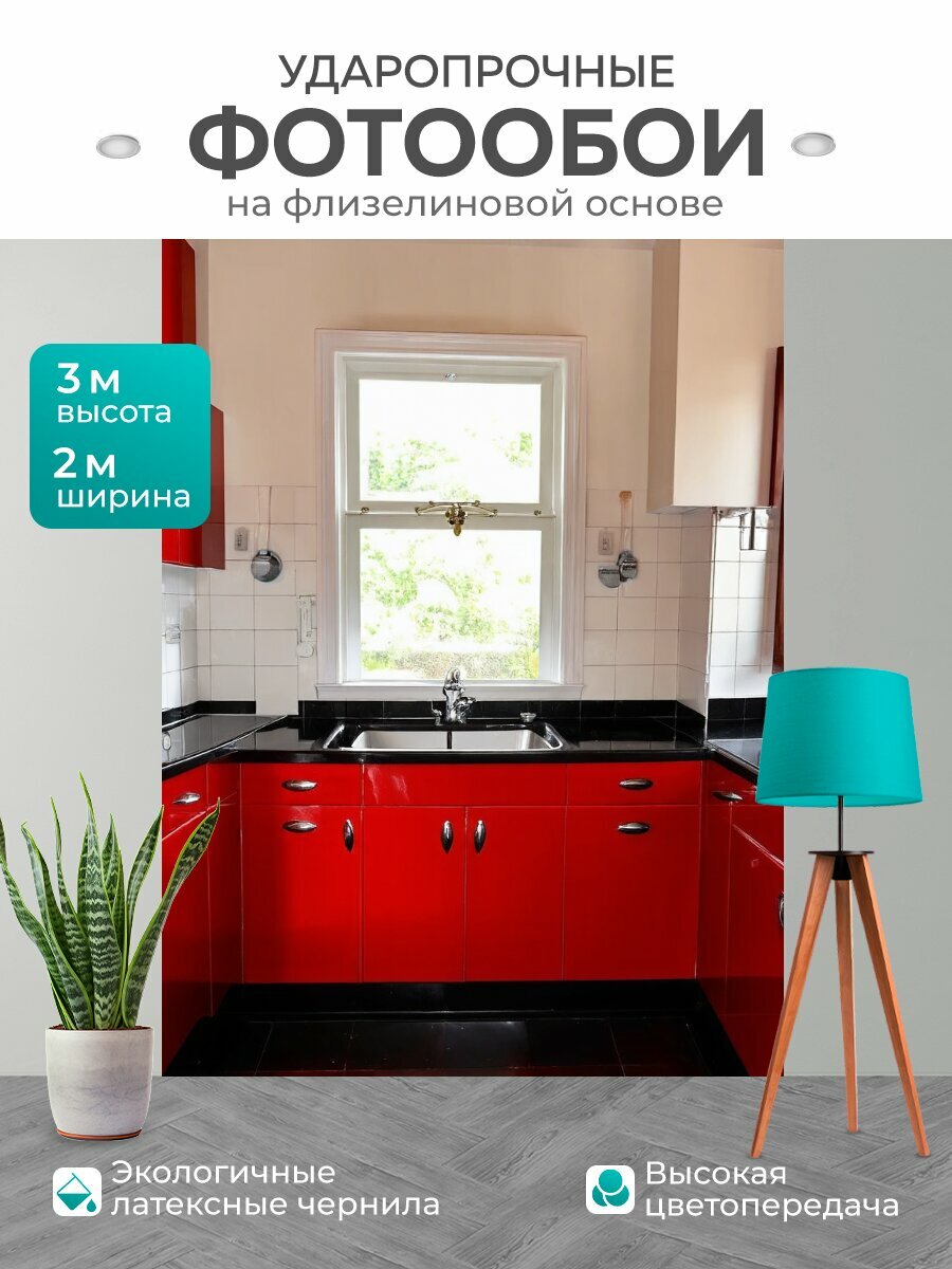 Фотообои моющиеся ударопрочные на кухню "В стиле ретро с изображением красной сборки и черно-белых раковин" 200x300 см. флизелиновые на стену