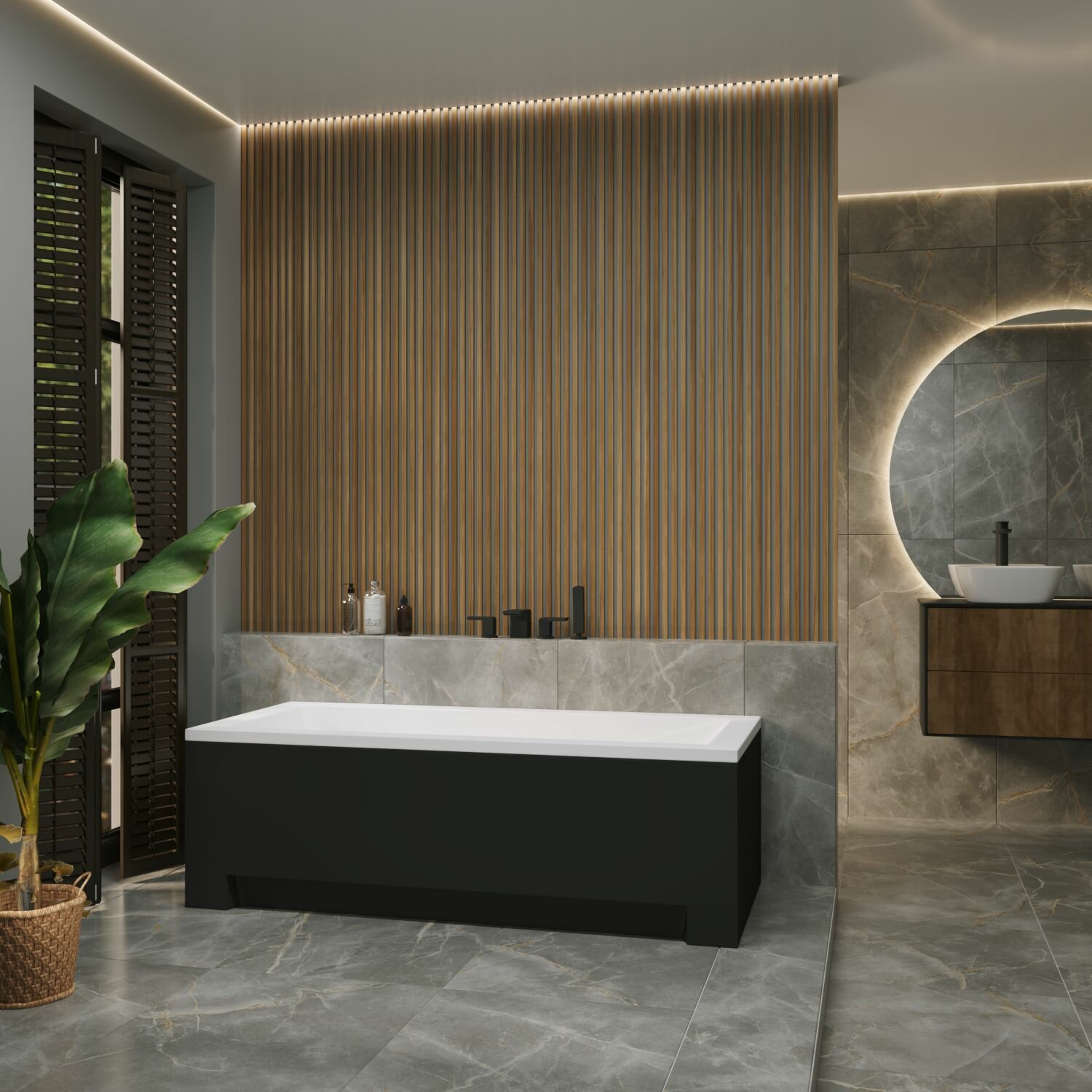 Ванна акриловая 160х70 Helmken Rivana комплект 3 в 1: прямоугольная ванна, ножки, лицевой экран черного цвета