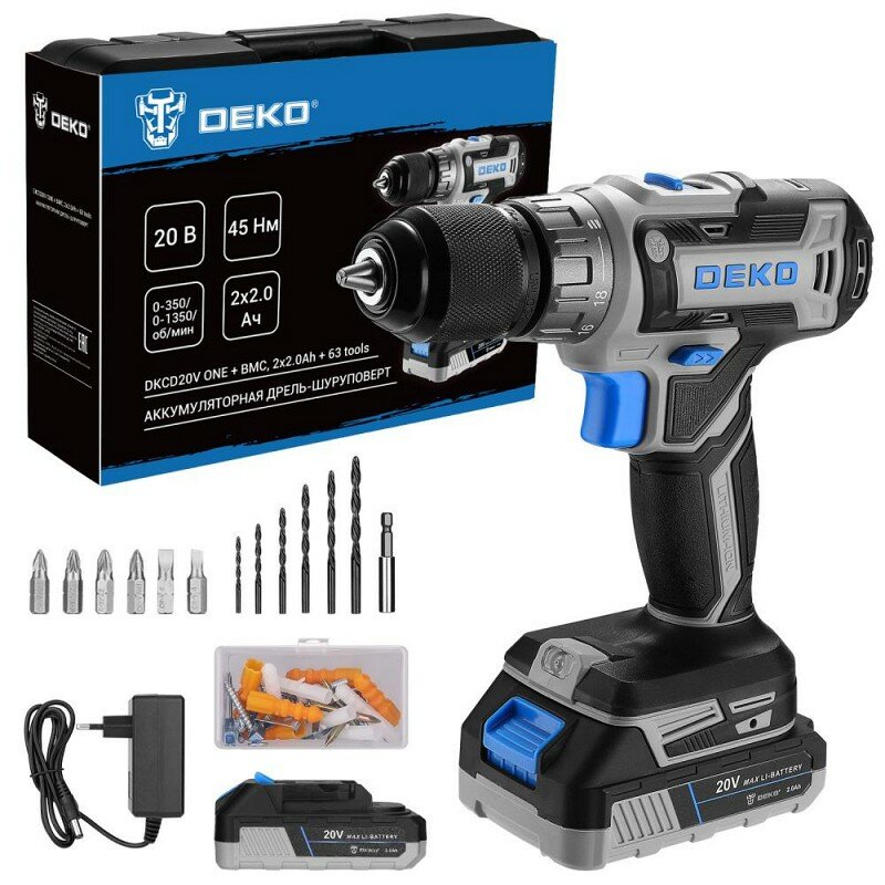 Аккумуляторная дрель-шуруповерт DEKO DKCD20V ONE + в кейсе + набор 63 инструмента для дома 20В 2x2Ач 083-1038