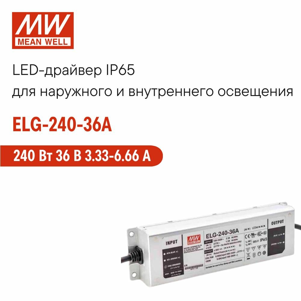 LED-драйвер MEAN WELL ELG-240-36A 240 Вт, 36 В, 6,66 А стабилизация CV+CC, ККМ, потенциометр, корпус IP65