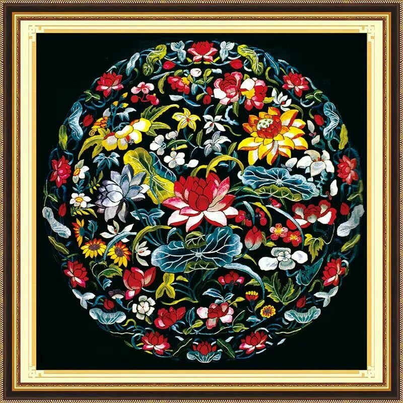 Набор для вышивания крестиком, новый китайский стиль "Цветущее богатство", 11х50х50см, полностью прошитый, (без подрамника, без рамки)