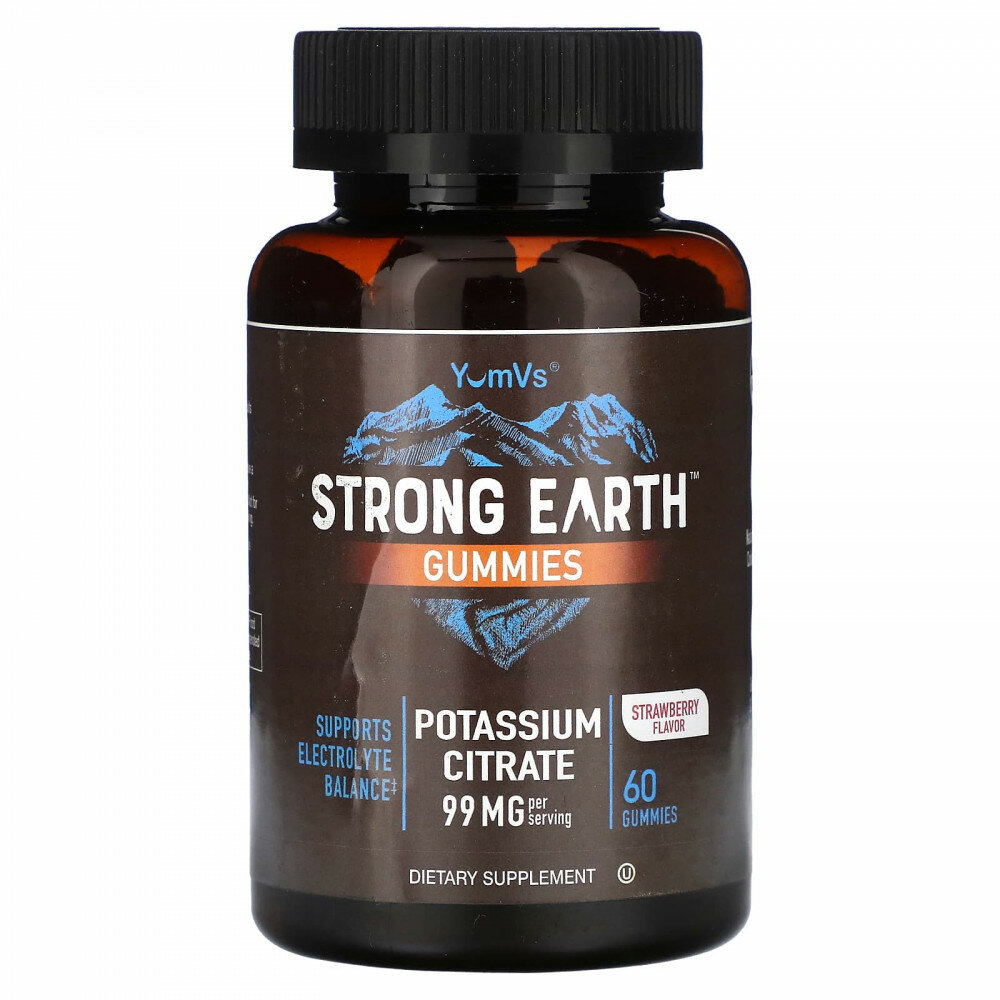 YumVs, Жевательные мармеладки Strong Earth, цитрат калия, клубника, 60 штук