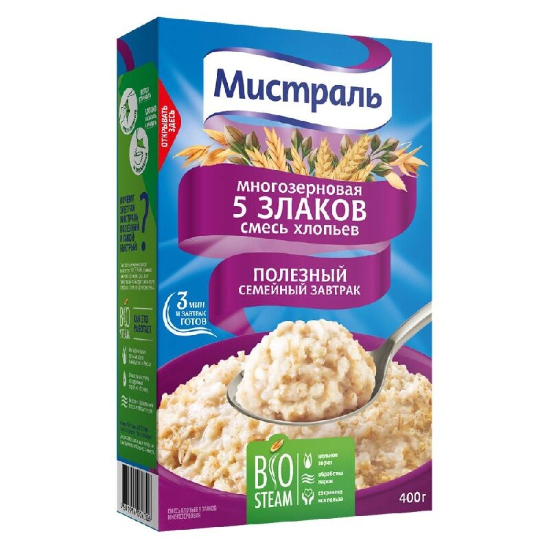 Хлопья мистраль Смесь 5 злаков цельнозерновые /картон/ 400г