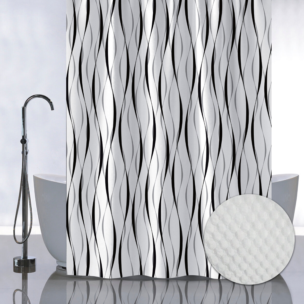 Штора с рельефным теснением санакс 05-07 ленты на белом фоне в ванную комнату без колец полиэстер микрофибра 180х180 см