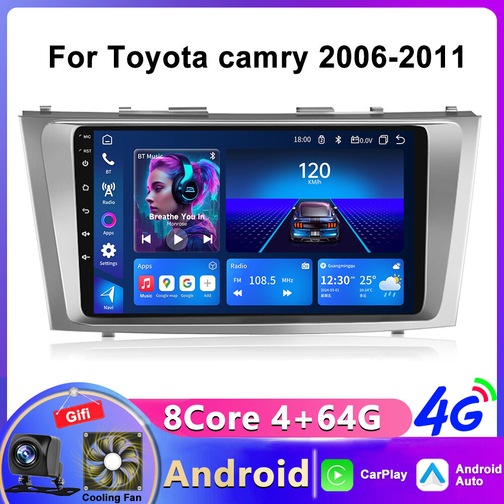 Автомагнитола Toyota Camry V40 (2006-2011), Android 13, 6+128ГБ магнитола Тойота Камри, QLED экран с разрешением 1280*720, DSP, + Переходная рамка