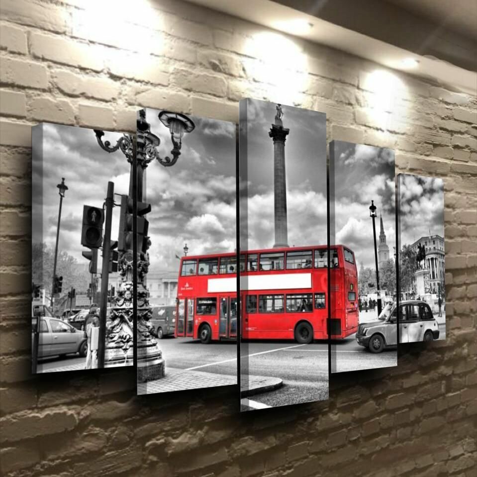 Modul007 Модульная картина на холсте из 5 модулей "Лондонский автобус" 140х80 см для гостиной, спальни, комнаты, интерьера