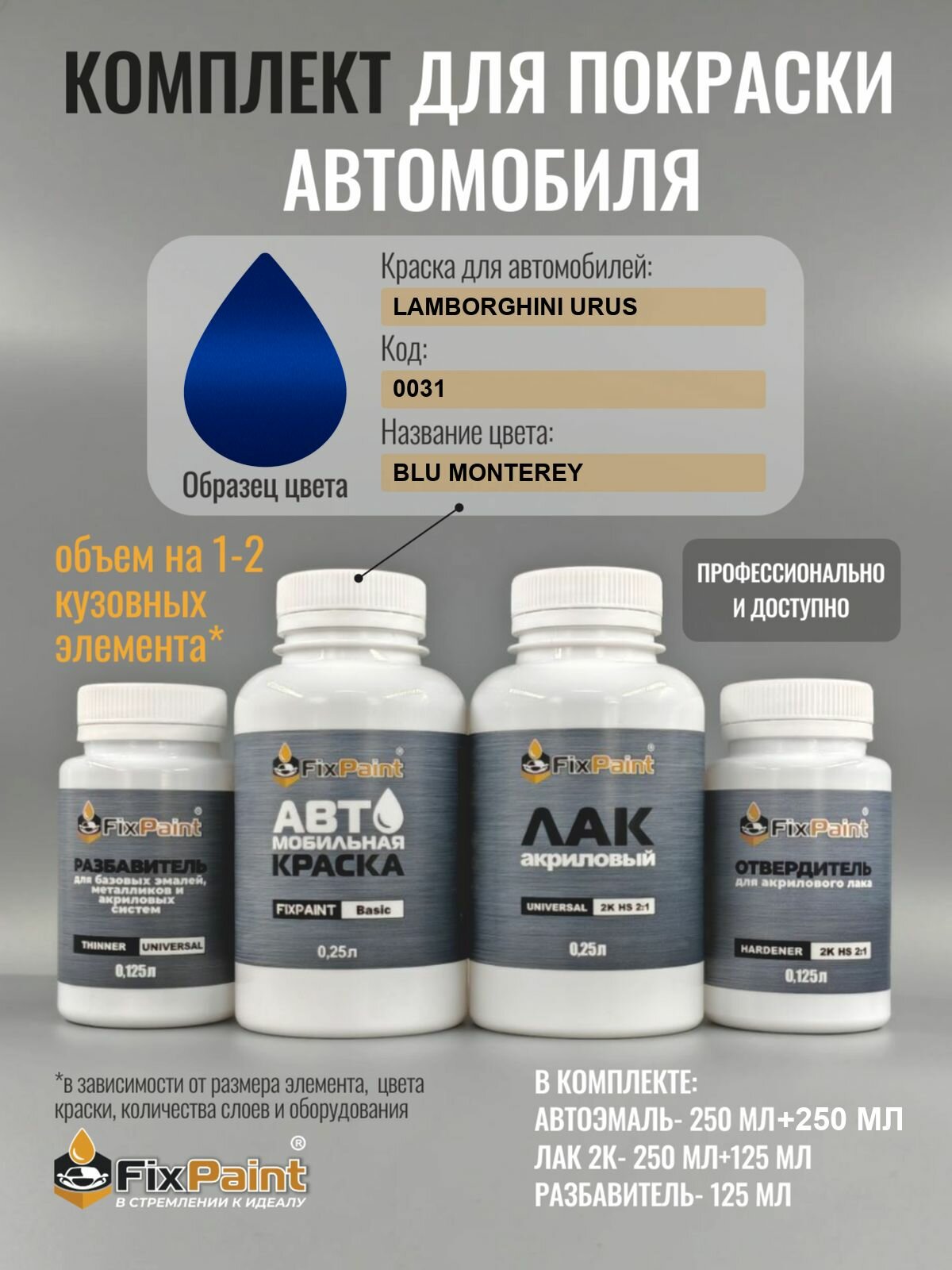 Комплект для покраски LAMBORGHINI URUS, код 0031, Трехслойная BLU MONTEREY, базовая автомобильная краска 500 мл, лак 2K 250 мл с отвердителем, разбавитель 125 мл, FixPaint Pro