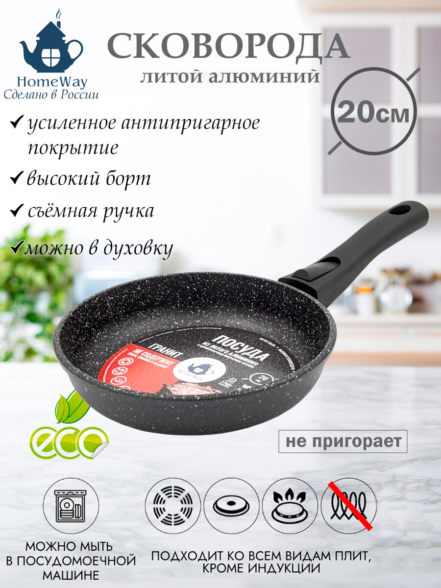 Cковорода HomeWay ECO гранит 20см, с гранитным покрытием и со съемной бакелитовой ручкой