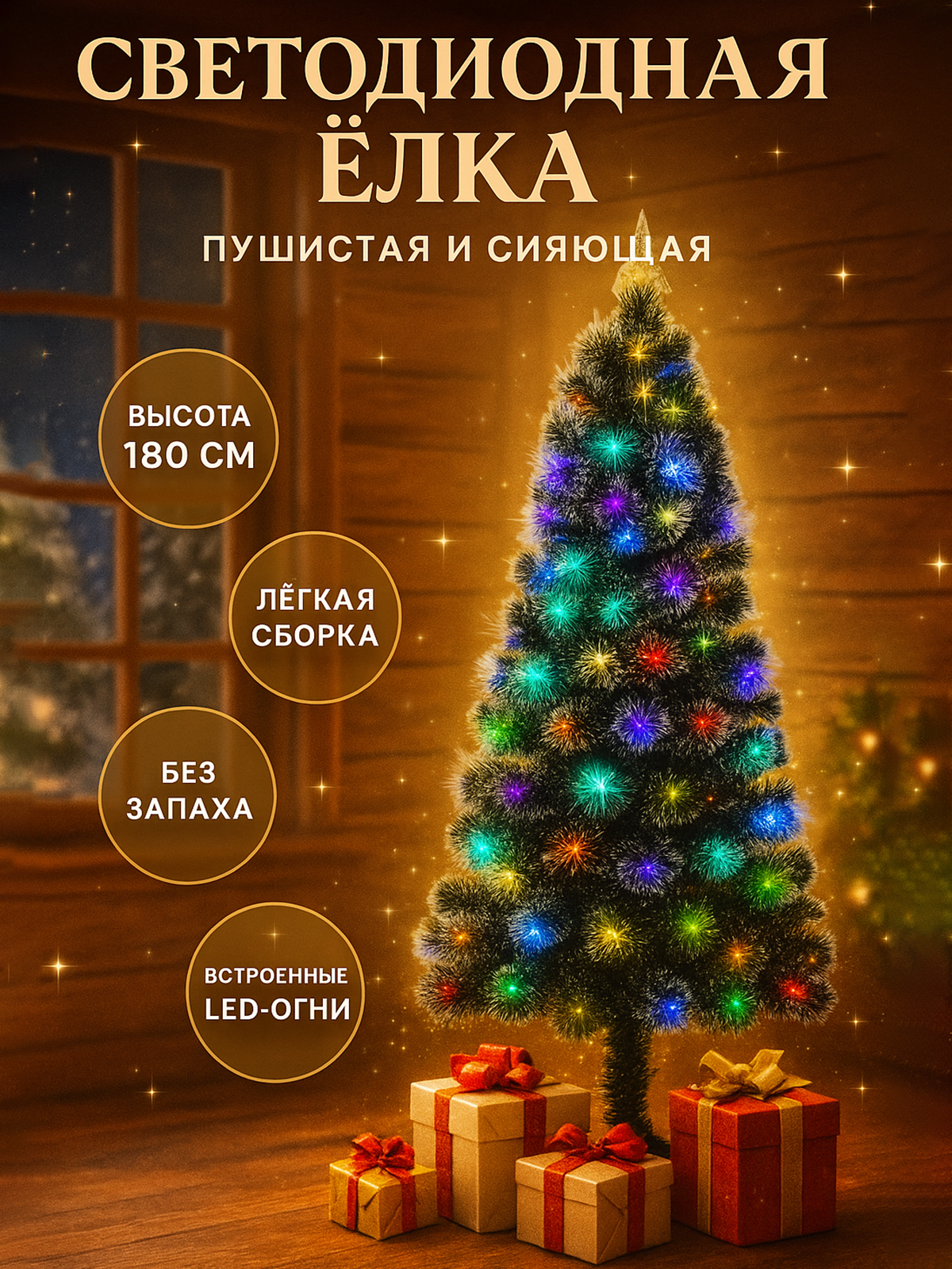 Новогодняя елка, елка светодиодная, елка светящаяся, ель искусственная заснеженная, с подсветкой, встроенная гирлянда, 180 см