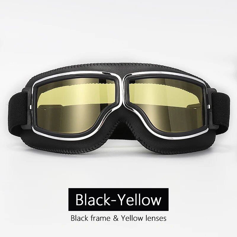 Универсальные мотоциклетные винтажные очки, кожаные мотоциклетные скутерные байкерские Black-Yellow