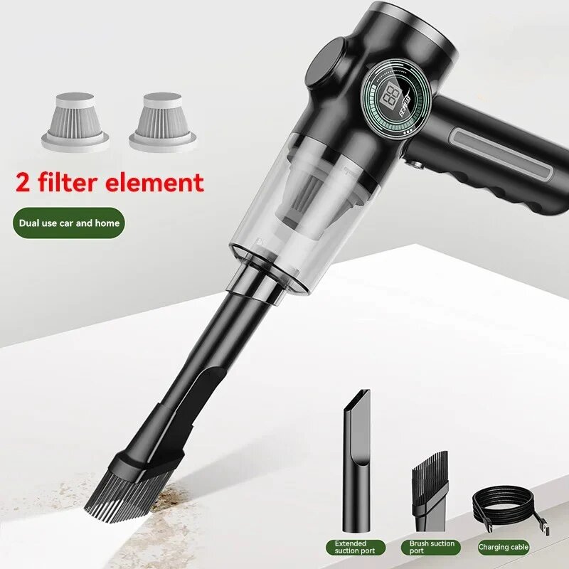 9800000 PA Автомобильный пылесос для влажной и сухой уборки двойного назначения 5-в-1 Беспроводной автомобильный сверхвысокомощный ручной очиститель электроприборов, Black 2 Pcs Filter