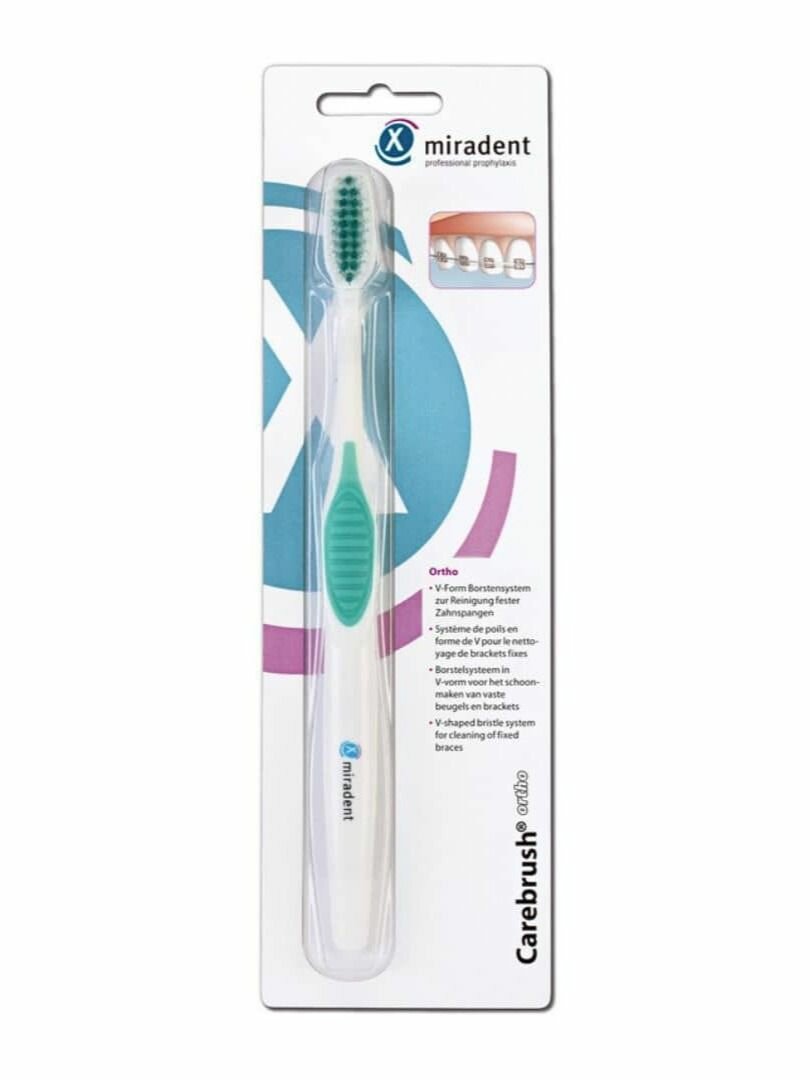 Зубная щётка для брекетов miradent, средняя жёсткость, закруглённые волокна, V-образная щетина, уход за брекетами