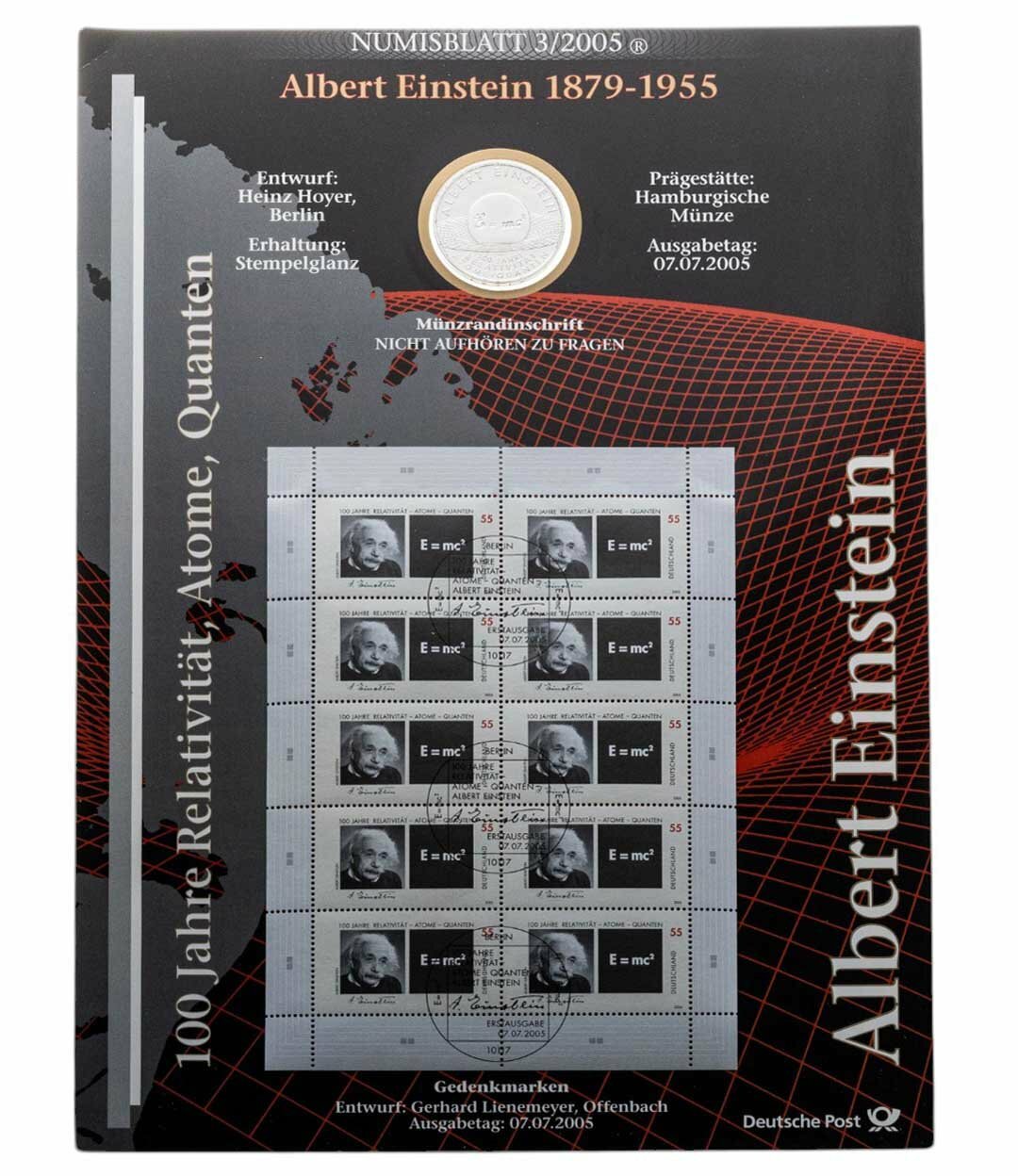 Германия 10 евро 2005 "Альберт Эйнштейн - 100 лет теории относительности" в блистере с марками, Серебро 925, в сохранности BUNC