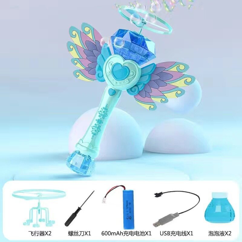 2026 Новейшая летающая волшебная палочка с пузырьковой машиной, вращающаяся бамбуковая стрекоза, ангельские крылья, электрическая девичья волшебная палочка, пузырьковая игрушка оптом