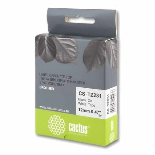 Картридж Cactus CS-TZ231, TZe-231, 12мм, черный шрифт, белый фон, 8м ( CS-TZ231