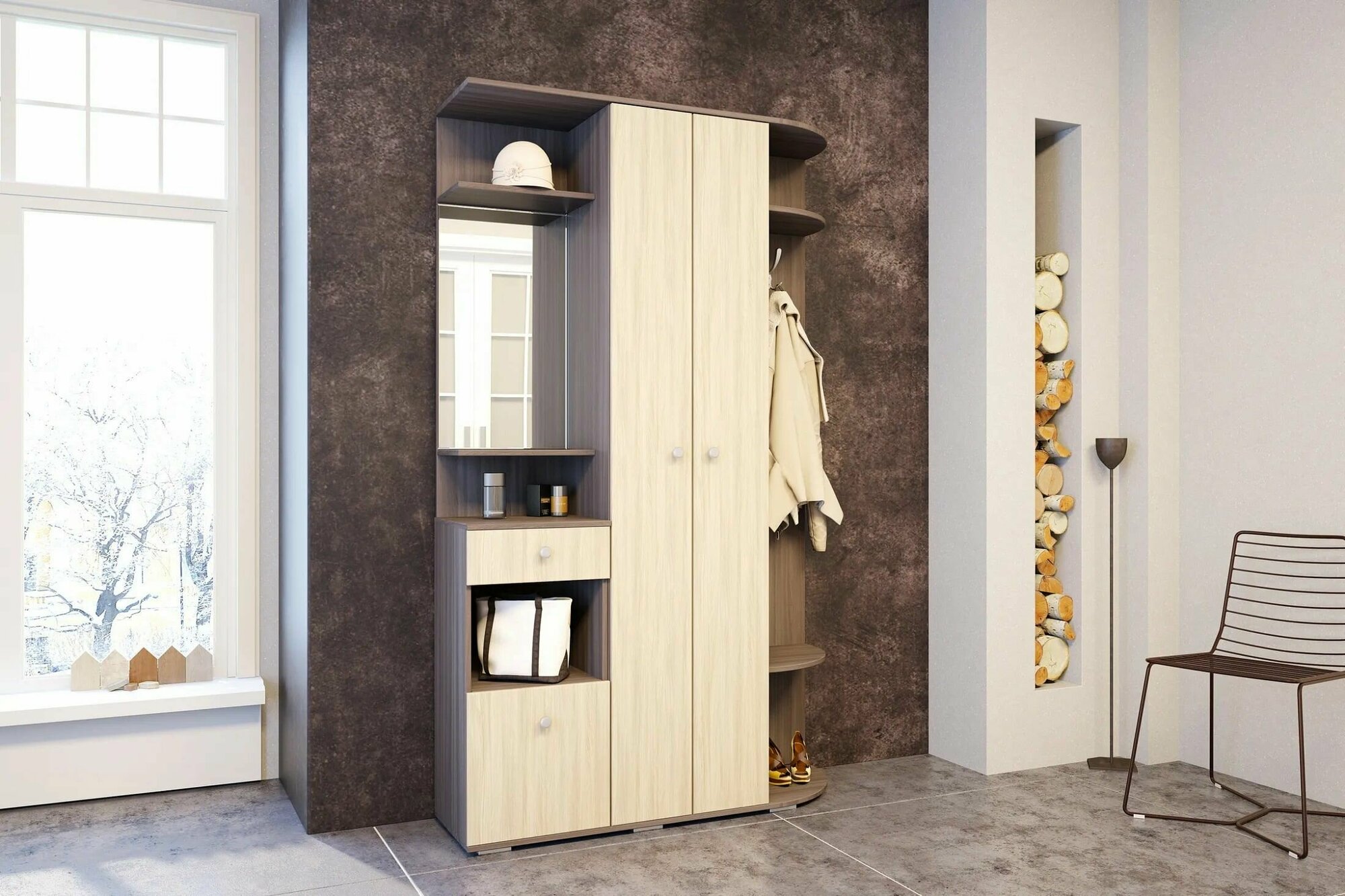 Прихожая Виза, Ясень Шимо темный/Ясень Шимо светлый, ЛДСП с ящиком штангой вешалками полками зеркалом 1210х2032х354 Эра