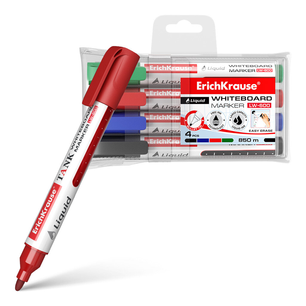 Маркер для досок ErichKrause Liquid LW-600, цвет чернил: черный, синий, красный, зеленый, 4 штуки