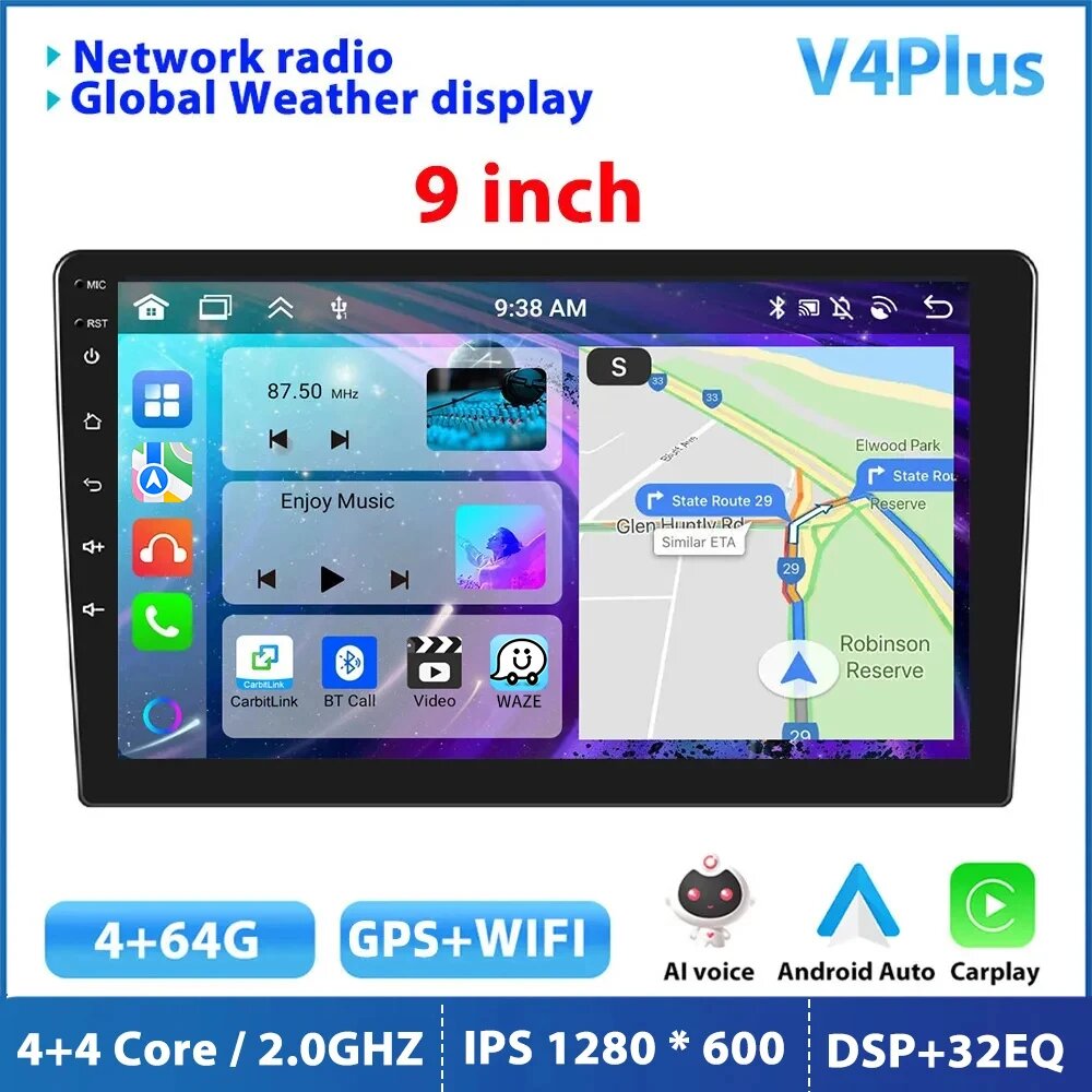 Podofo Android 12 Автомобильный радиоприемник Androidauto Carplay 2 Din GPS 9Inch 4 64G 2.0GHz