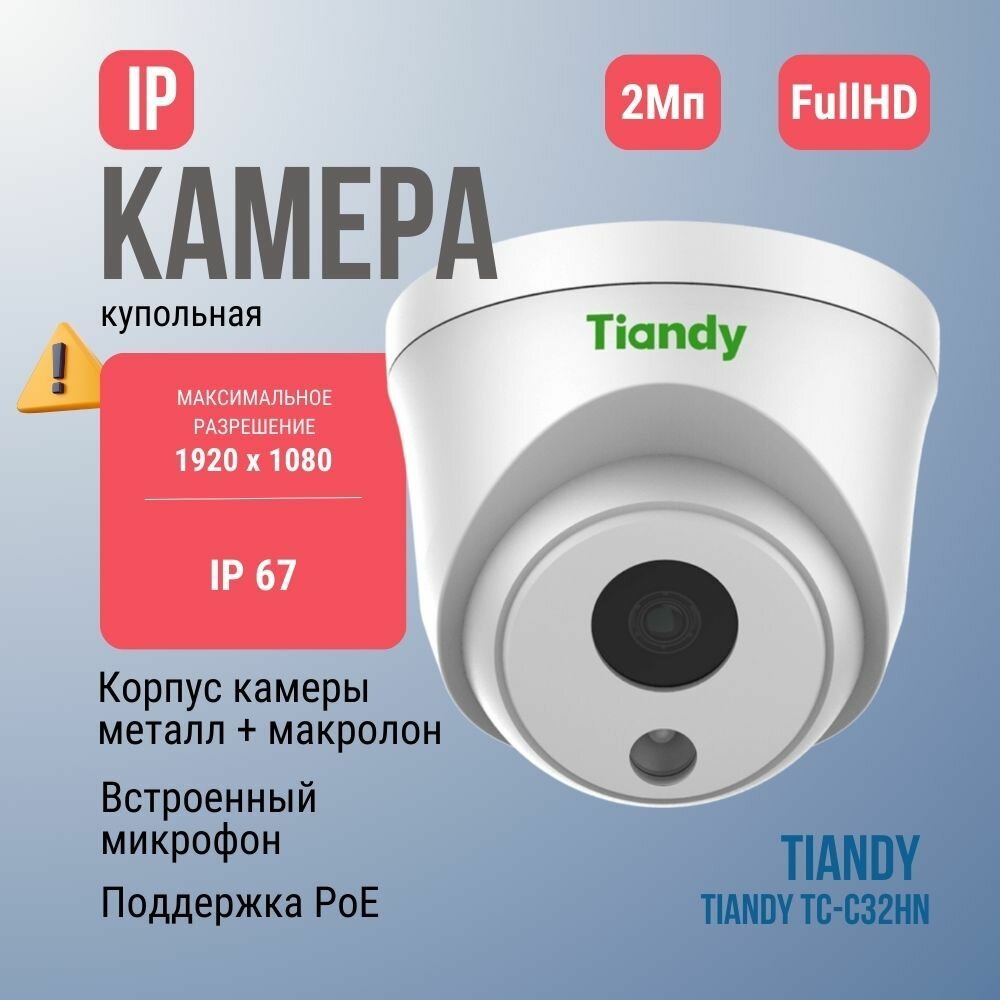 Камера видеонаблюдения Tiandy TC-C32HN с микрофоном и PoE, купольная для дома и улицы