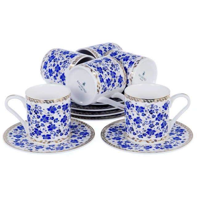 Мармарис набор кофейный из фарфора 100 мл 6/12 предметов синий цветок стильный аксессуар